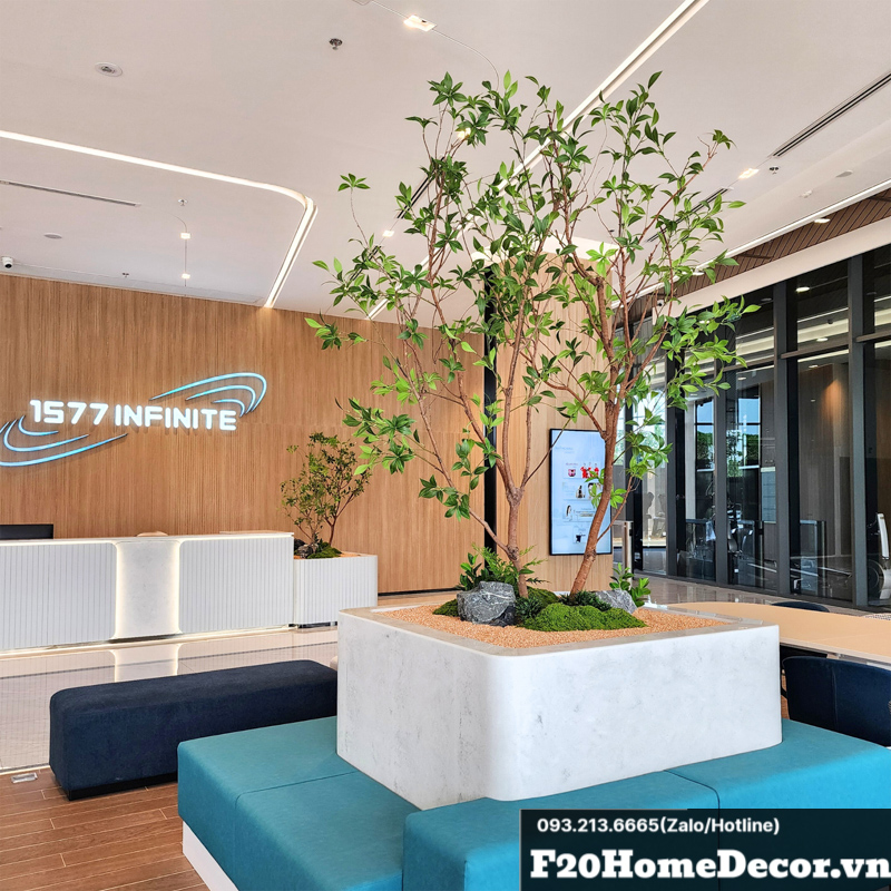Tiểu cảnh cây Asabi giả trang trí bục giữa sảnh văn phòng - F20 Home Decor