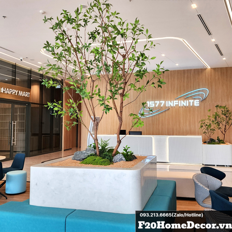 Tiểu cảnh cây Asabi giả trang trí bục giữa sảnh văn phòng - F20 Home Decor