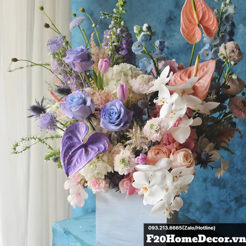 Hoa lụa mừng khai trương cắm hộp vuông thanh nhã