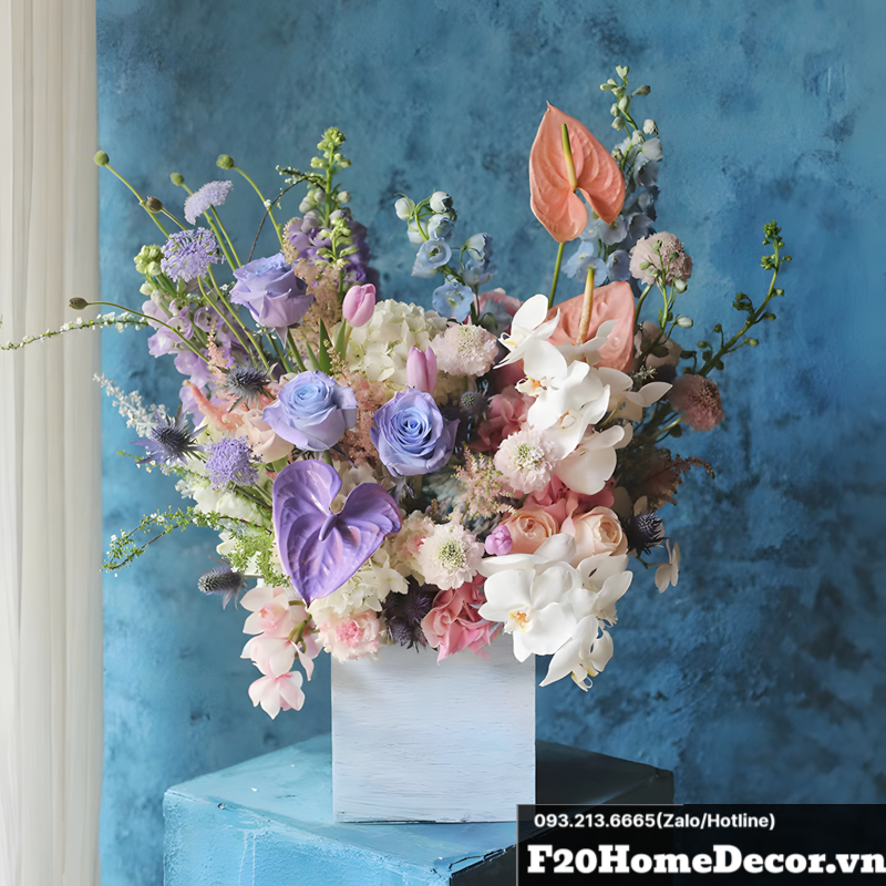 Hoa lụa mừng khai trương cắm hộp vuông thanh nhã