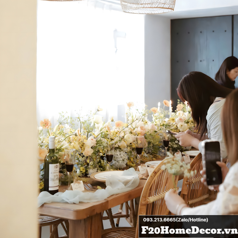 Lẵng hoa lụa trang trí bàn tiệc tone vàng ấm áp - F20 Home Decor