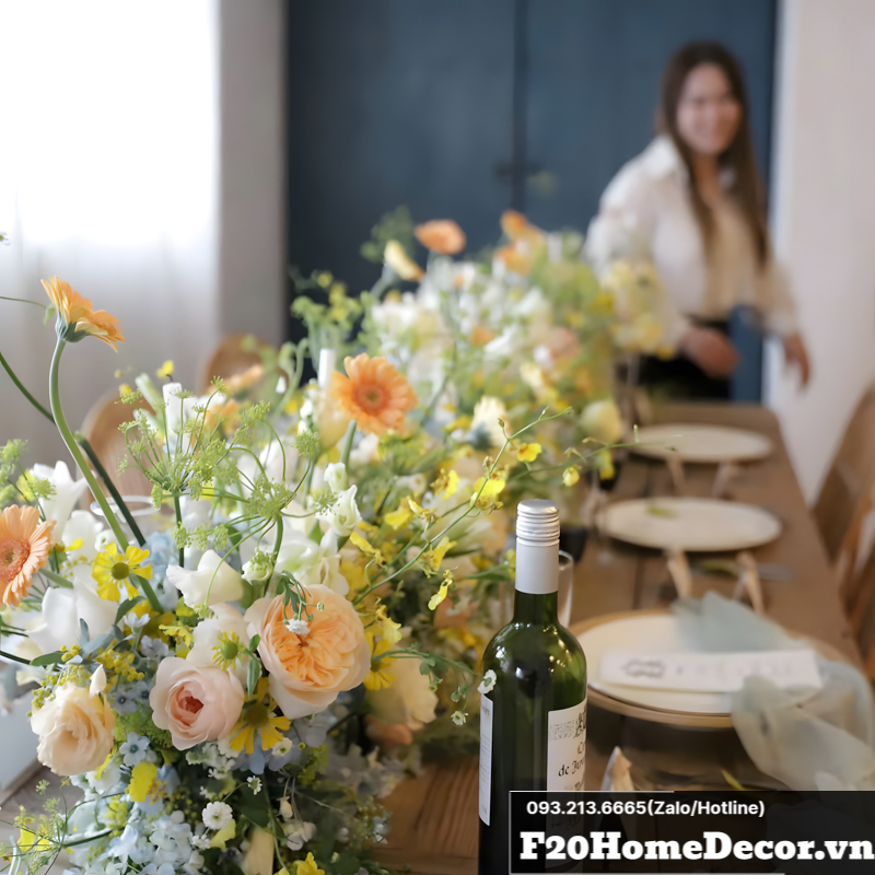 Lẵng hoa lụa trang trí bàn tiệc tone vàng ấm áp - F20 Home Decor