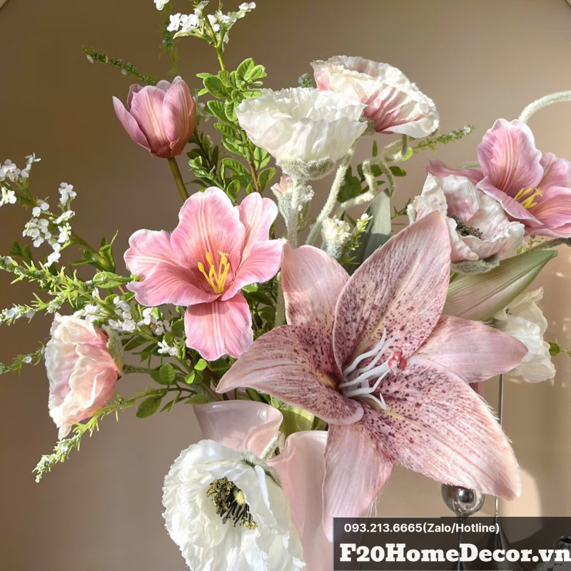 Bình hoa lụa cắm sẵn Ly & Tulip tông hồng trắng - F20 Home Decor